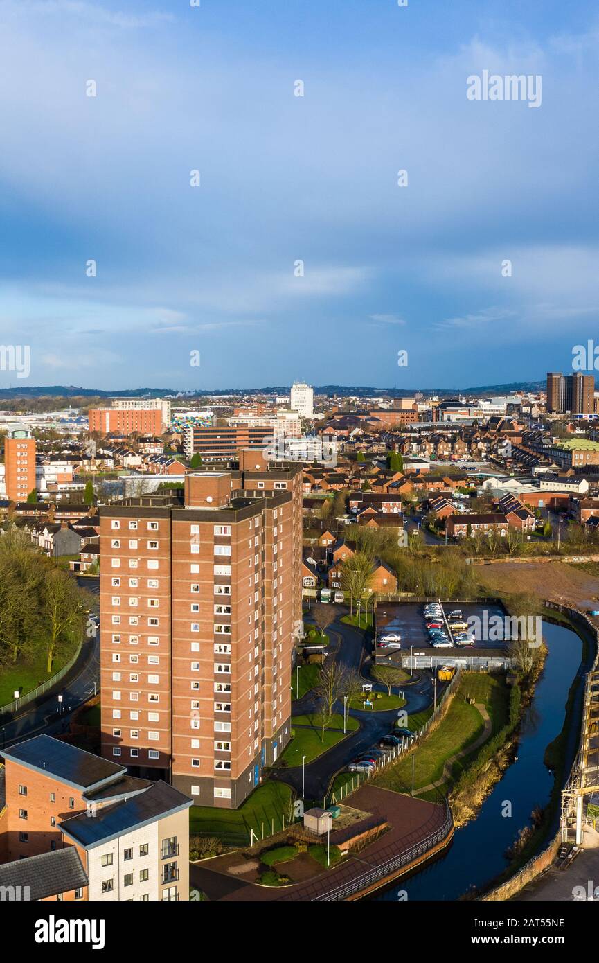 Aerial view of high rise tower blocks, flats built in the city to ...
