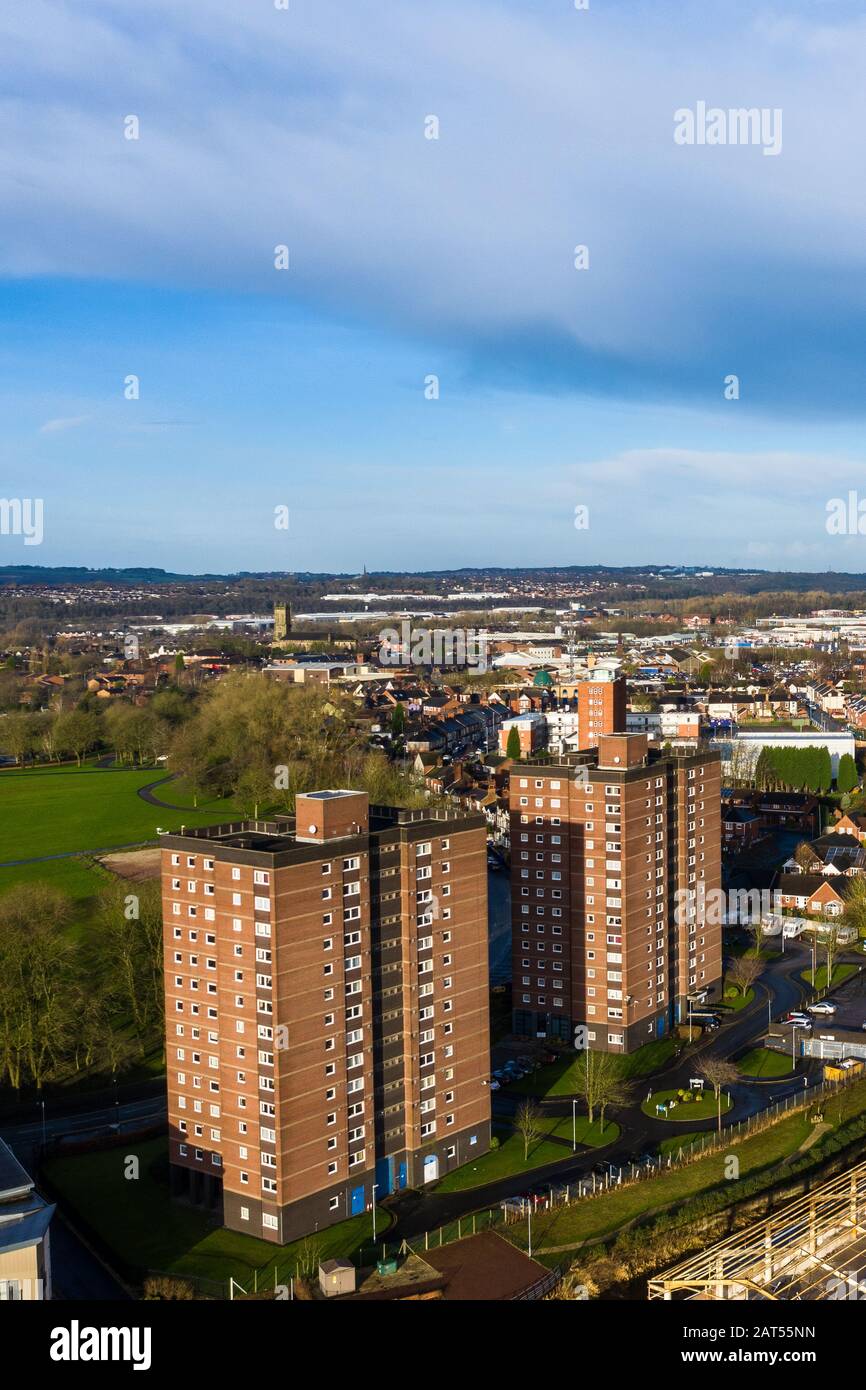 Aerial view of high rise tower blocks, flats built in the city to ...