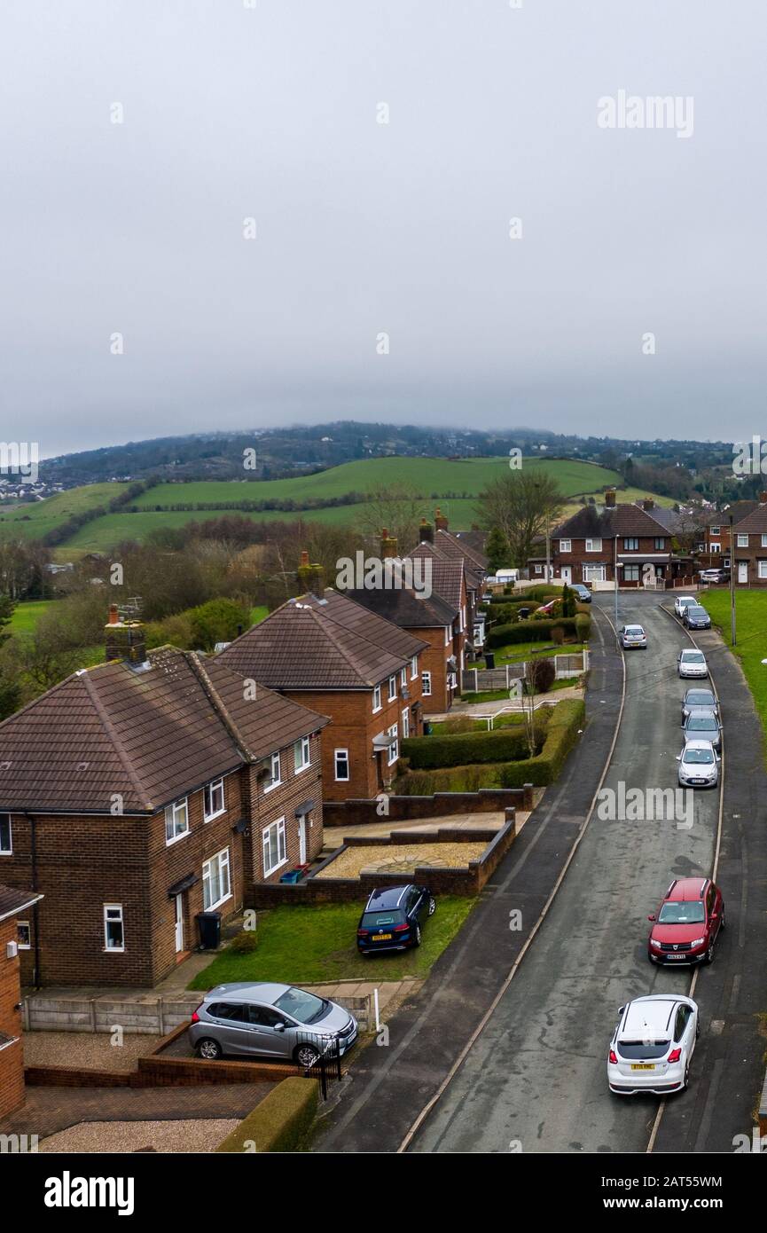 Aerial view, footage of a council housing estate, flats, homes for the ...