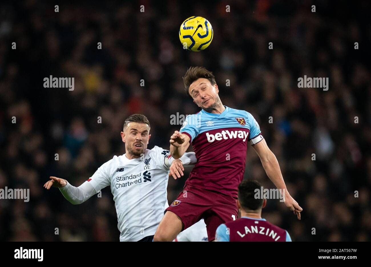 London, UK. 29th Jan, 2020. Mark Noble of West Ham United & Jordan ...