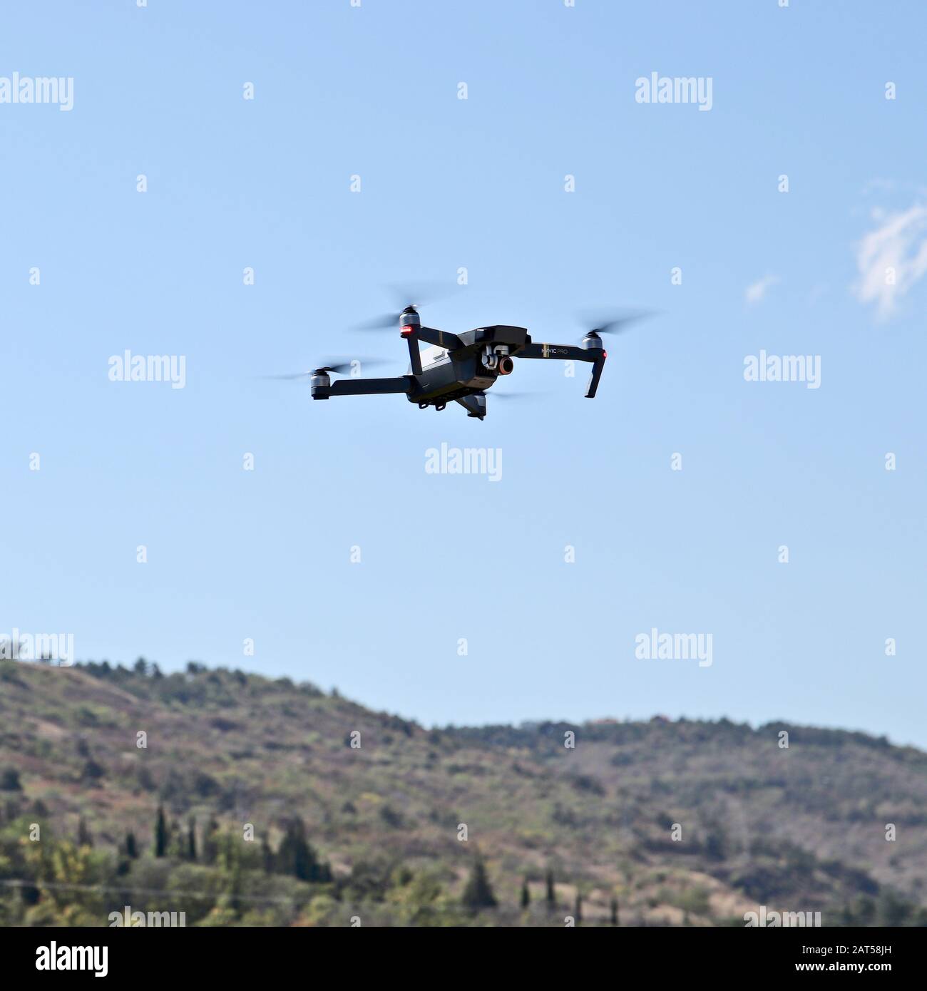 TBILISI, GEORGIA - Sep 24, 2019: A DJI Mavic Pro drone flying in the ...