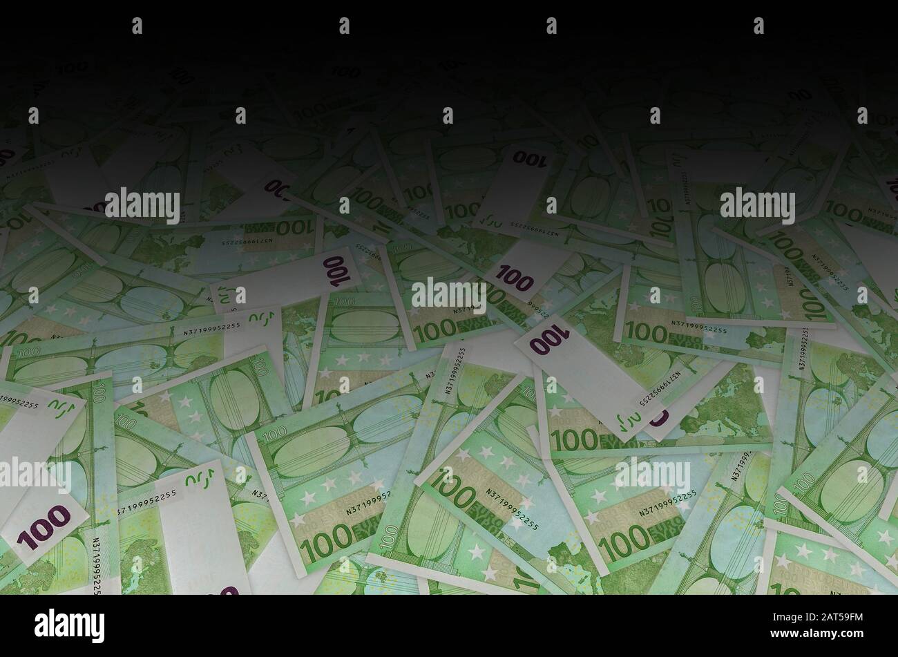 Front part of 100 euro banknote close-up with small green details ...