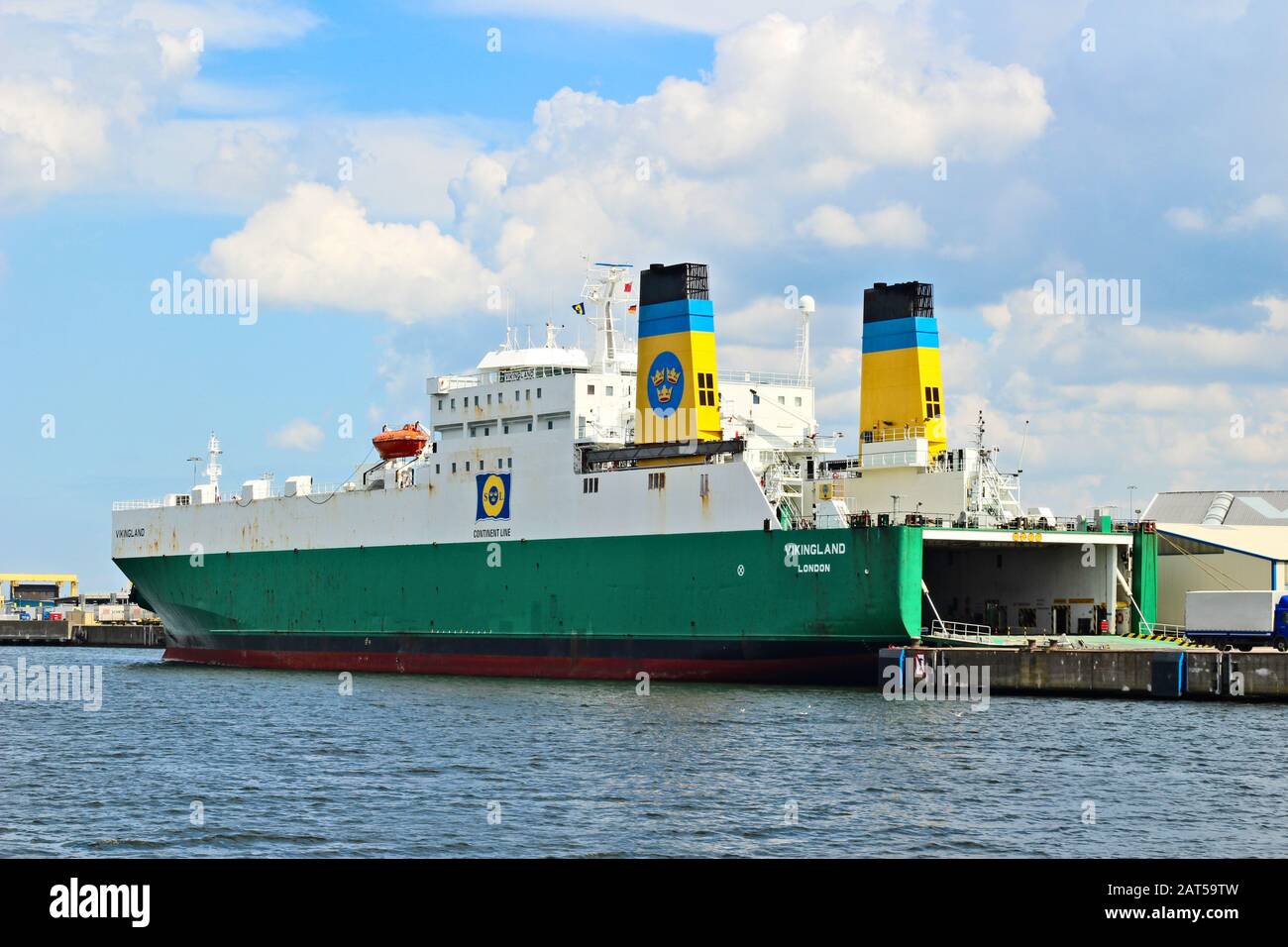 ROSTOCK, GERMANY - Jul 07, 2019: An empty cargo ship moored in the Port ...