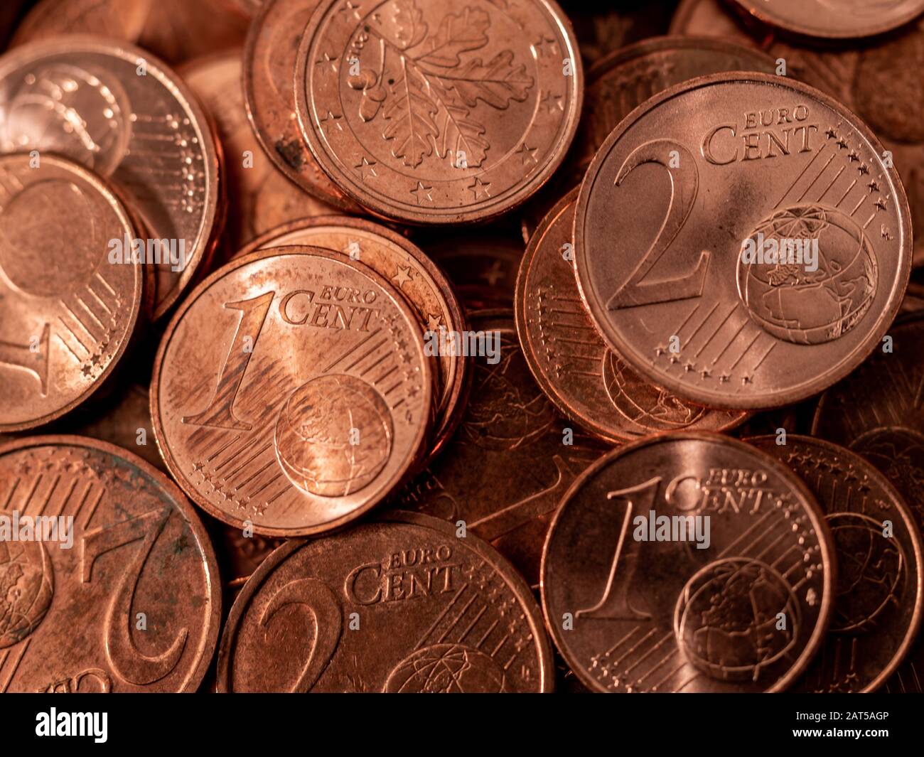 Image full of Euro cents, copper coin, one and two cents coin will be ...