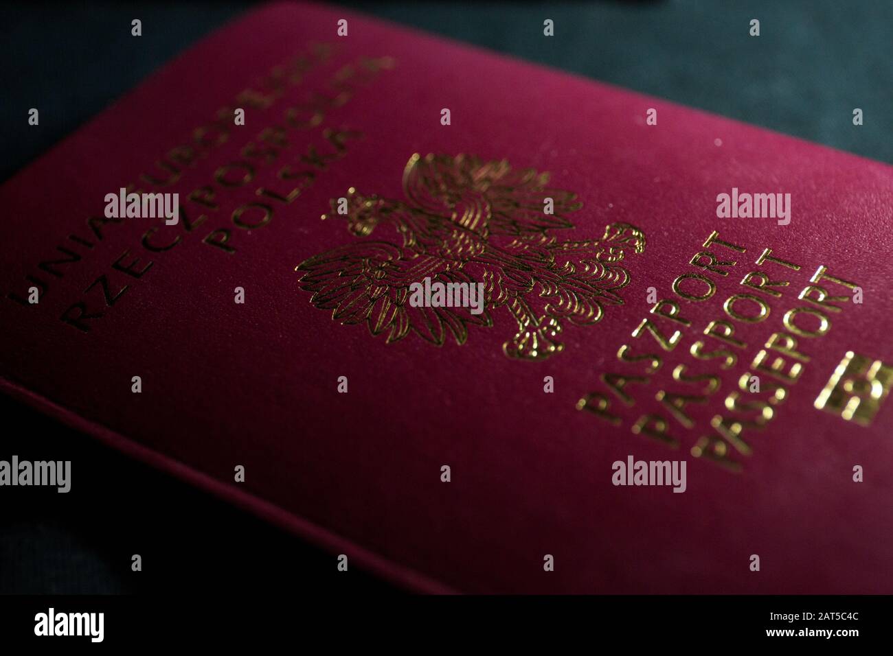 In this photo illustration a burgundy red biometric Polish passport ...