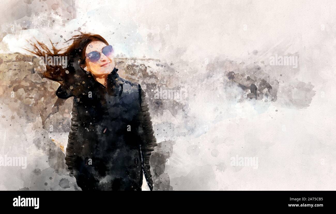 Digitally altered image watercolour picture woman smiles looks at ...