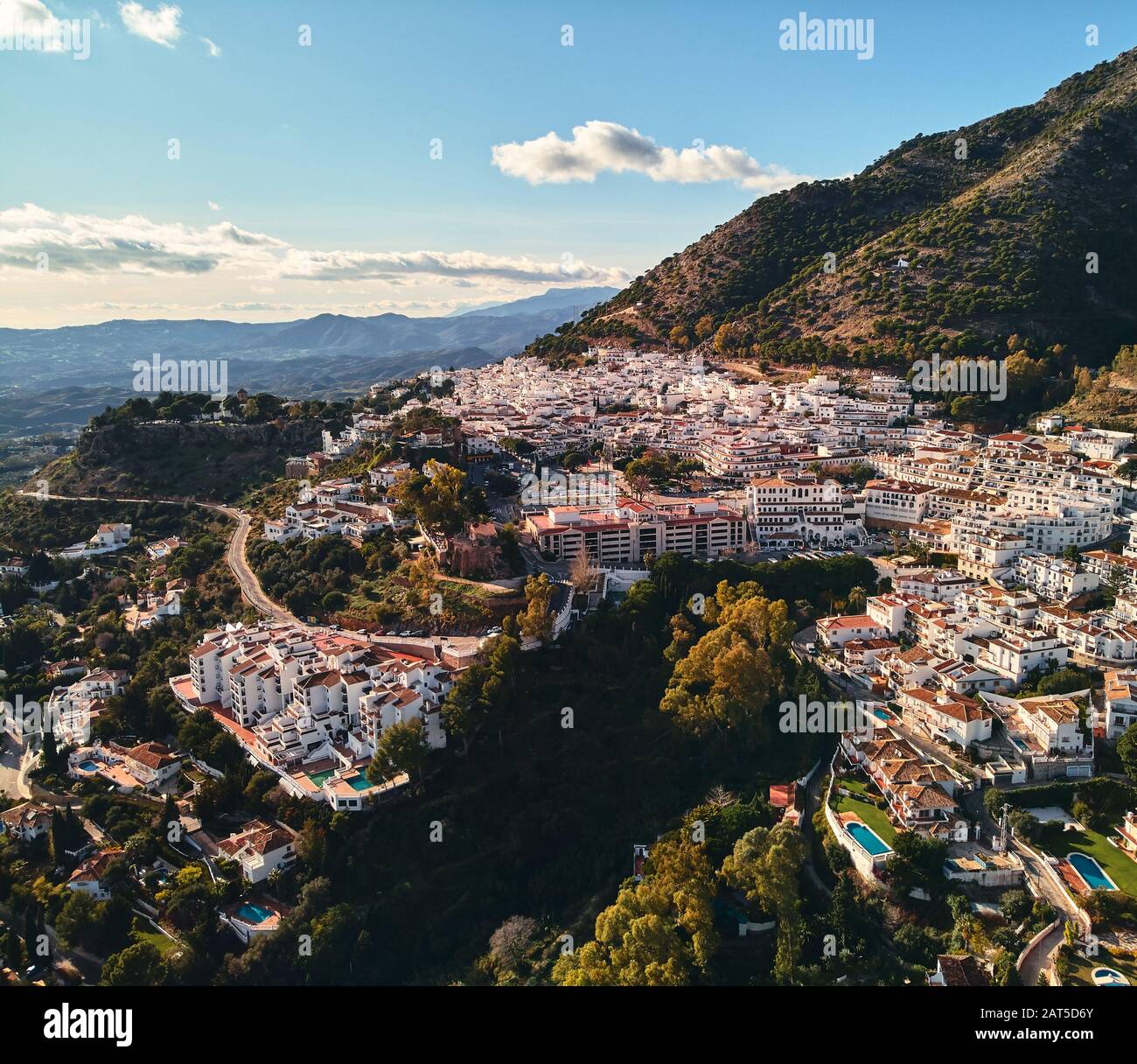 Aerial photo distant view charming Mijas pueblo, typical Andalusian ...