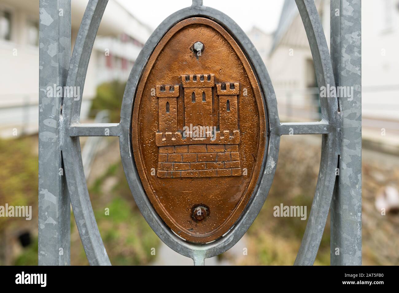 Abstract sign of a castle made of copper, Klosterneuburg Austria Stock ...
