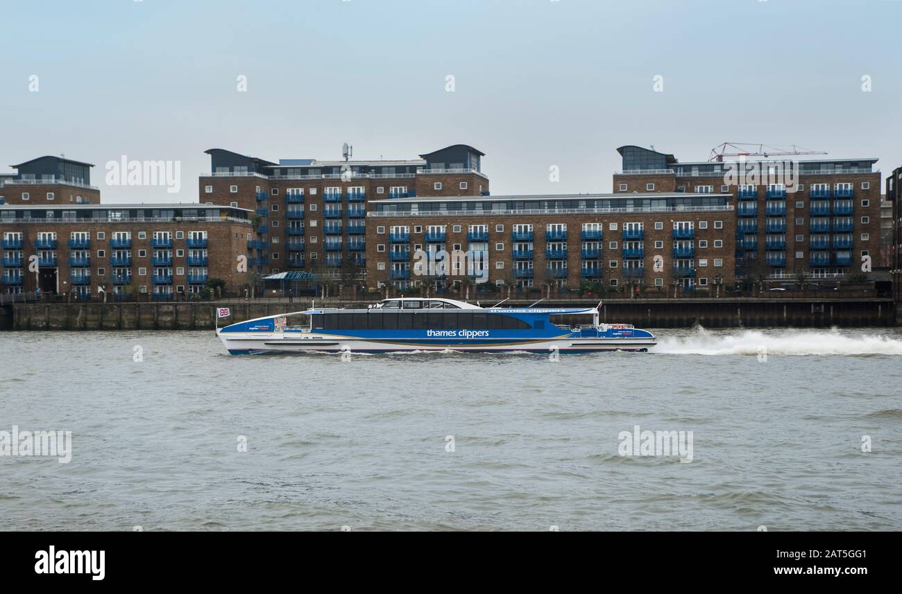 A Thames Clipper, part of the river bus service on The Thames in London ...