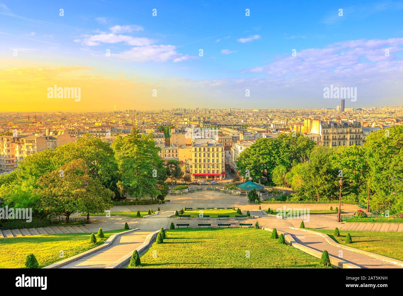 Scenic panorama of Paris at sunset and skyline above Paris. Wide angle ...