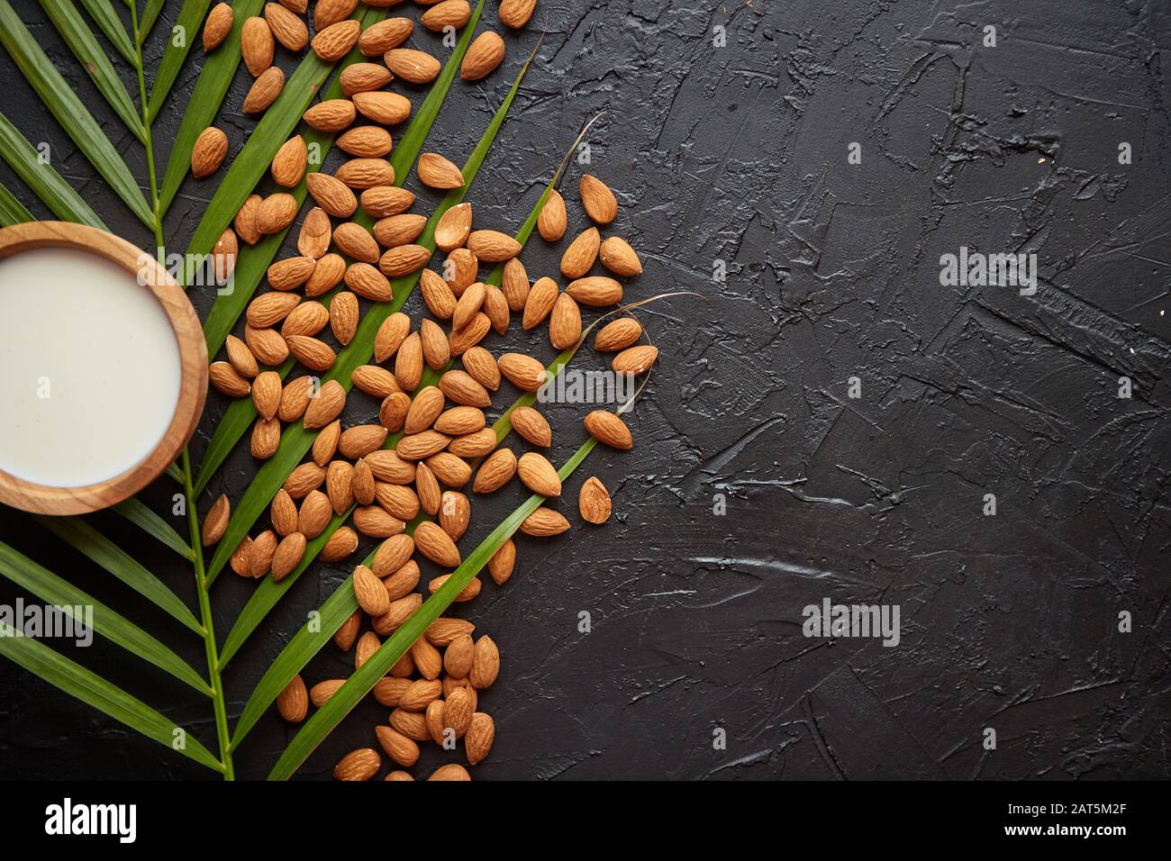 Composition of almonds seeds and milk, placed on black stone background ...