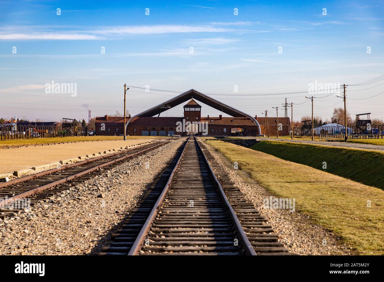 A picture of the railway and main gate of Auschwitz II - Birkenau Stock ...