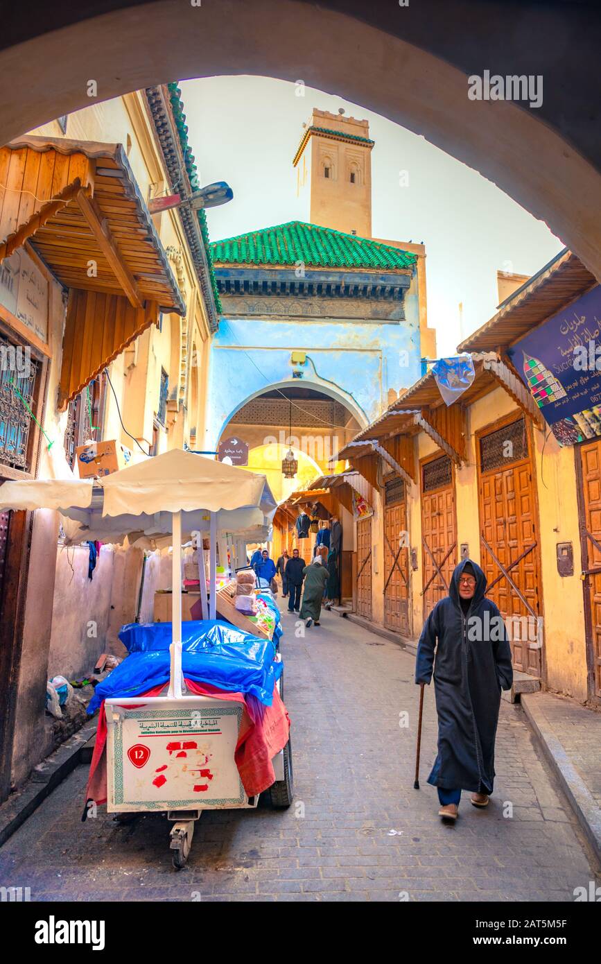 Moroccan market (souk) in the old town (medina) of Fes, Morocco Stock ...