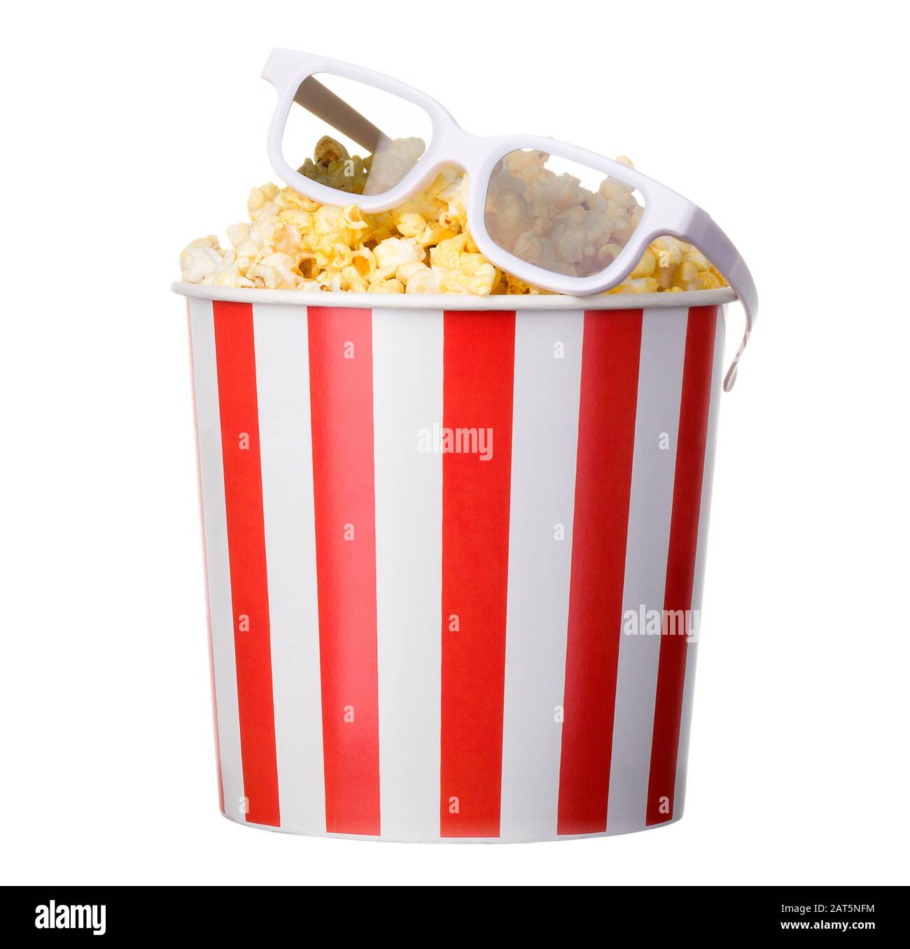 Paper striped bucket with popcorn and 3D glasses isolated on white ...