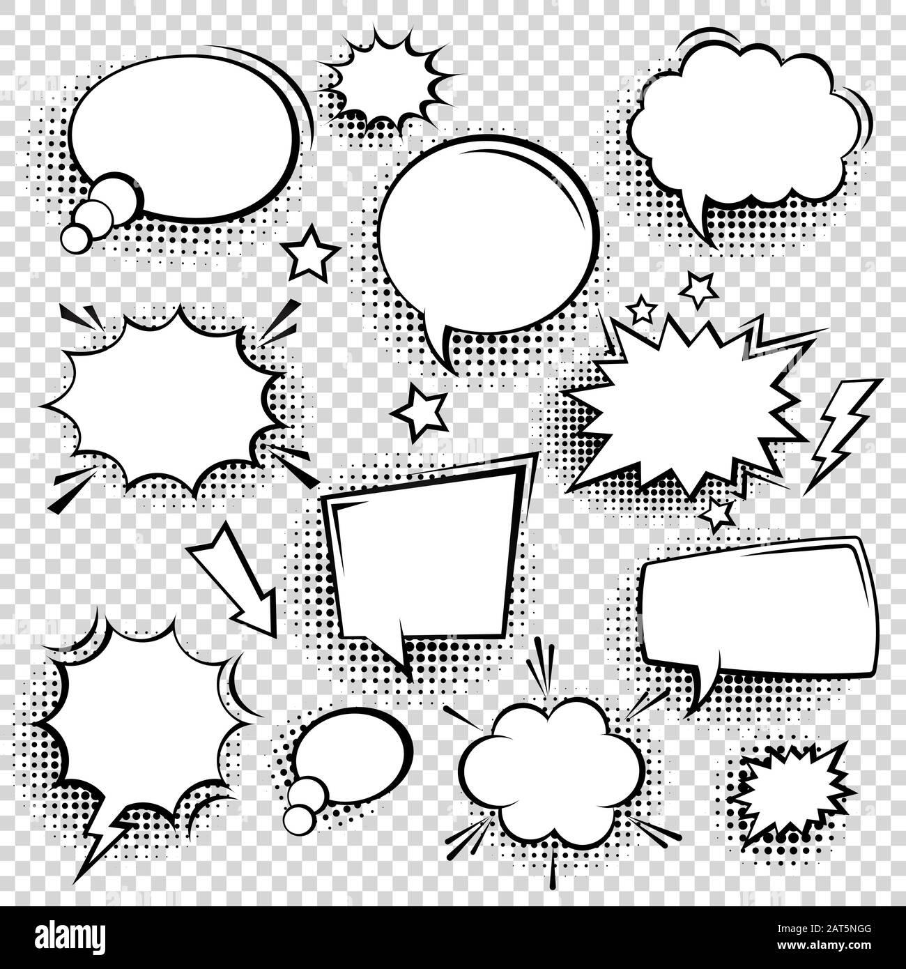 Collection of empty comic speech bubbles with halftone shadows. Hand drawn retro cartoon ...