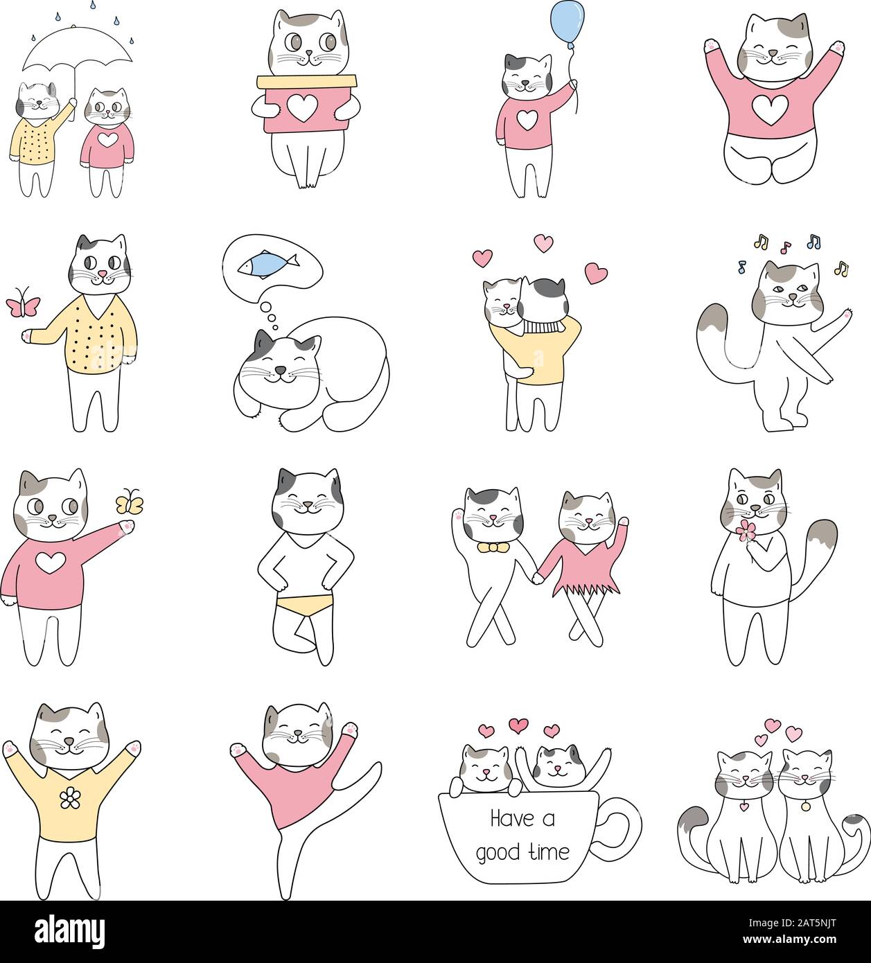 Set of cute cats hand drawn style, everyday life of cats. Cute cartoon ...