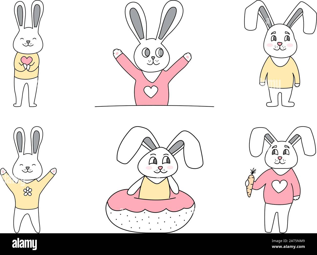 Set of cute rabbits hand drawn style, Cute cartoon funny animal ...