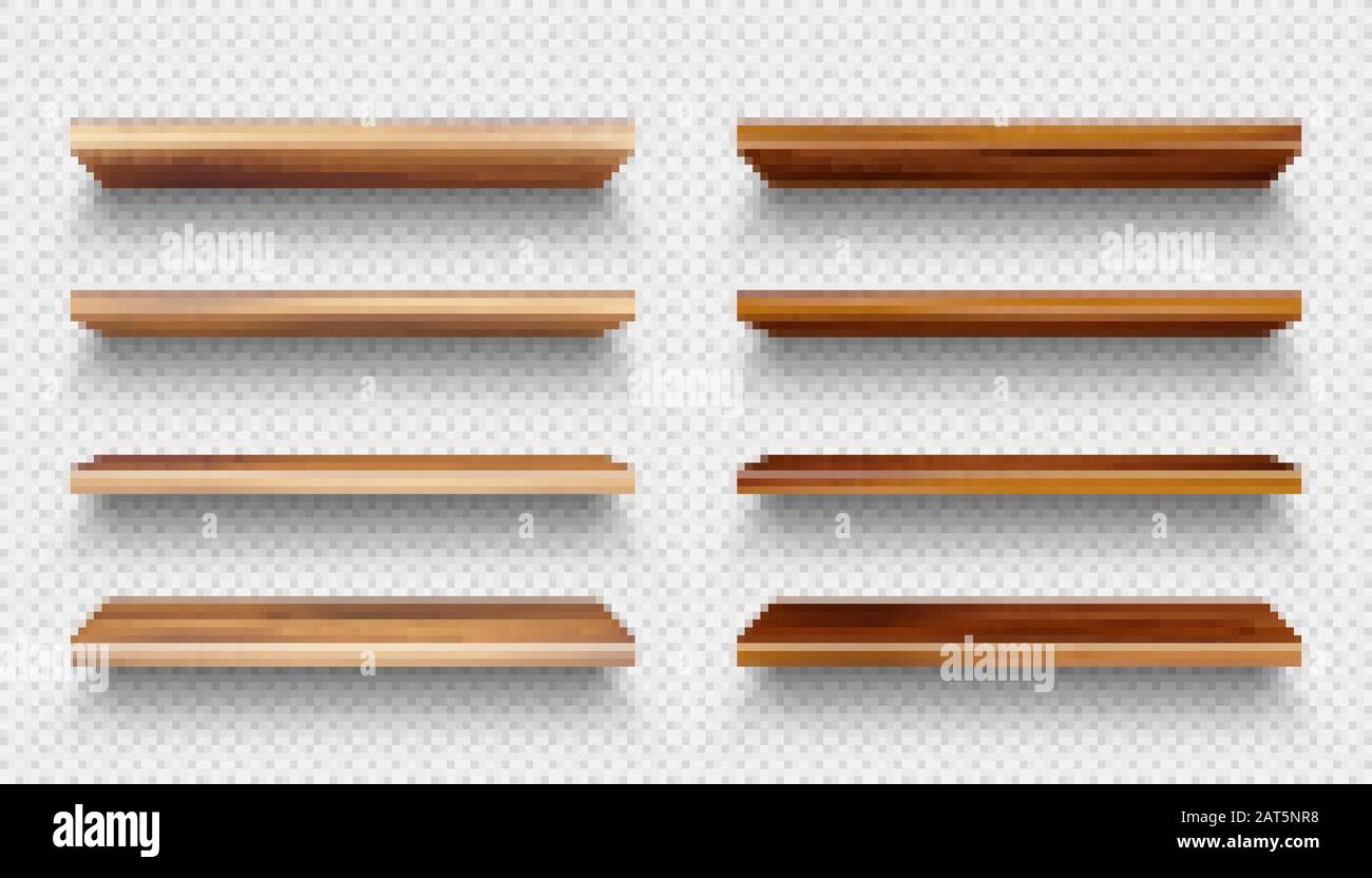 Realistic empty wooden store shelves set. Product shelf with wood ...