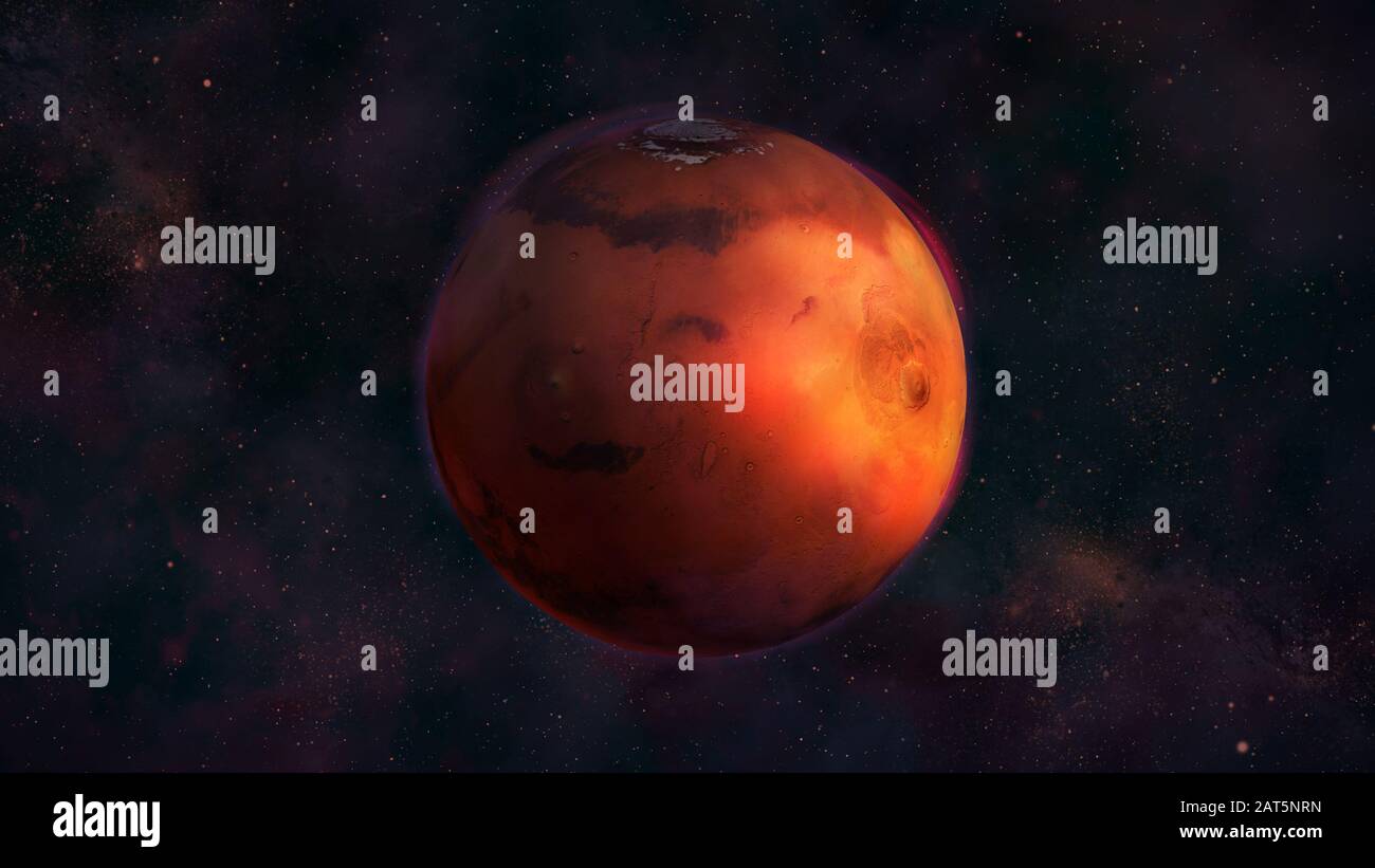 Planet Mars from space with a view of Elysium Mons and Olympus Mons ...