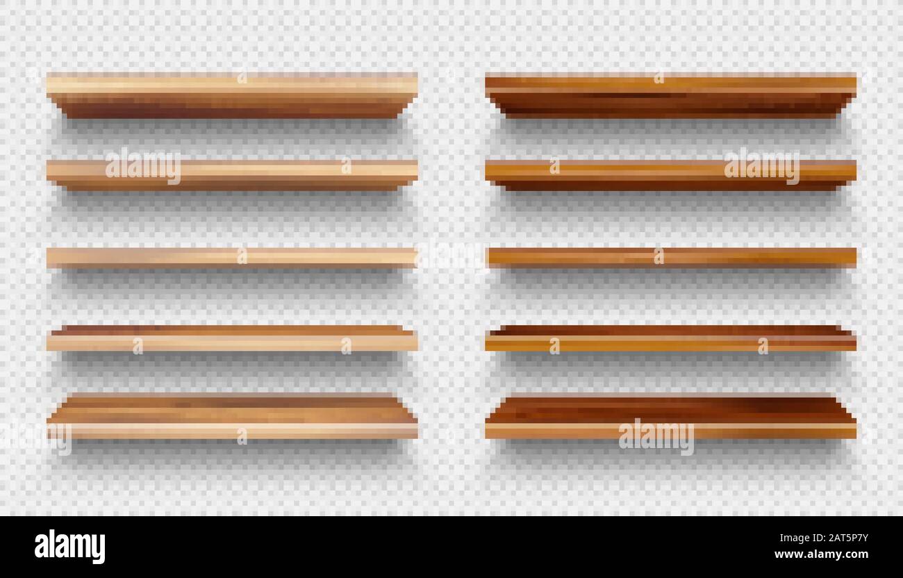 Realistic empty wooden store shelves set. Product shelf with wood ...