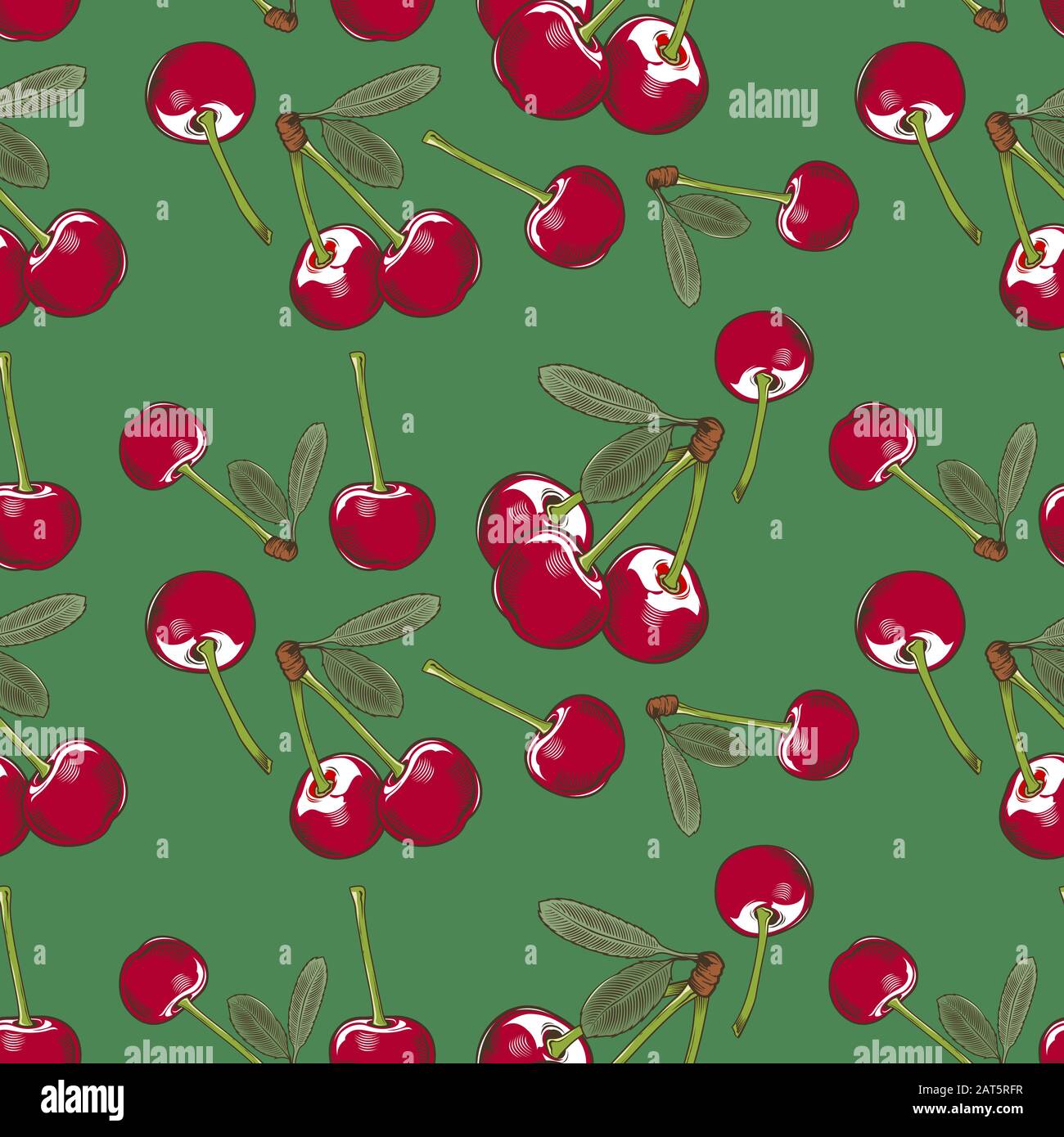 Seamless pattern with cherries on a green background in vintage style ...