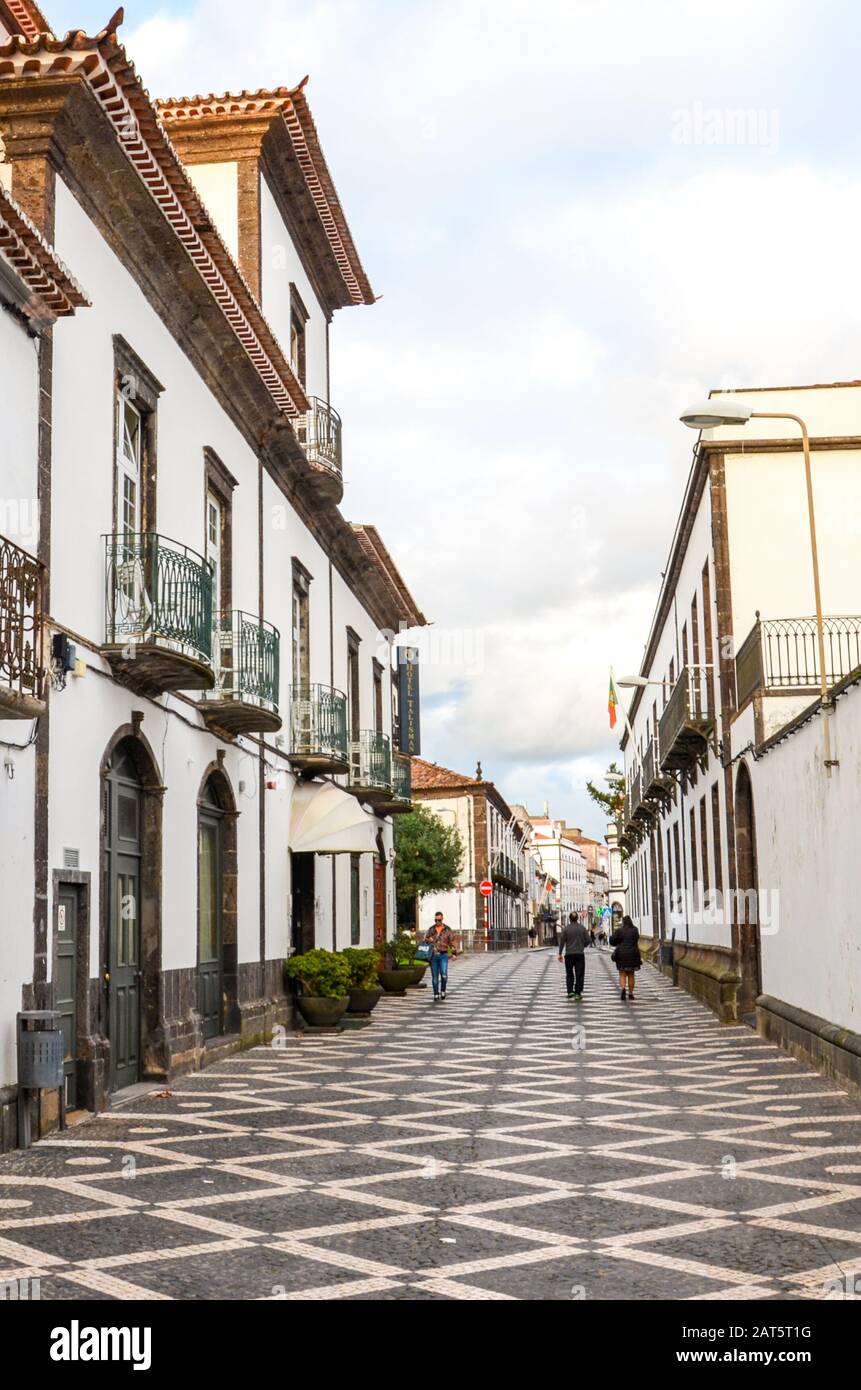 Ponta Delgada, Azores, Portugal - Jan 12, 2020: Cobbled street in the ...