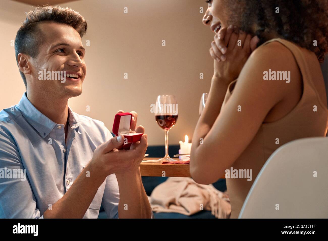 Man holding engagement ring, proposing happy woman to married him Stock ...