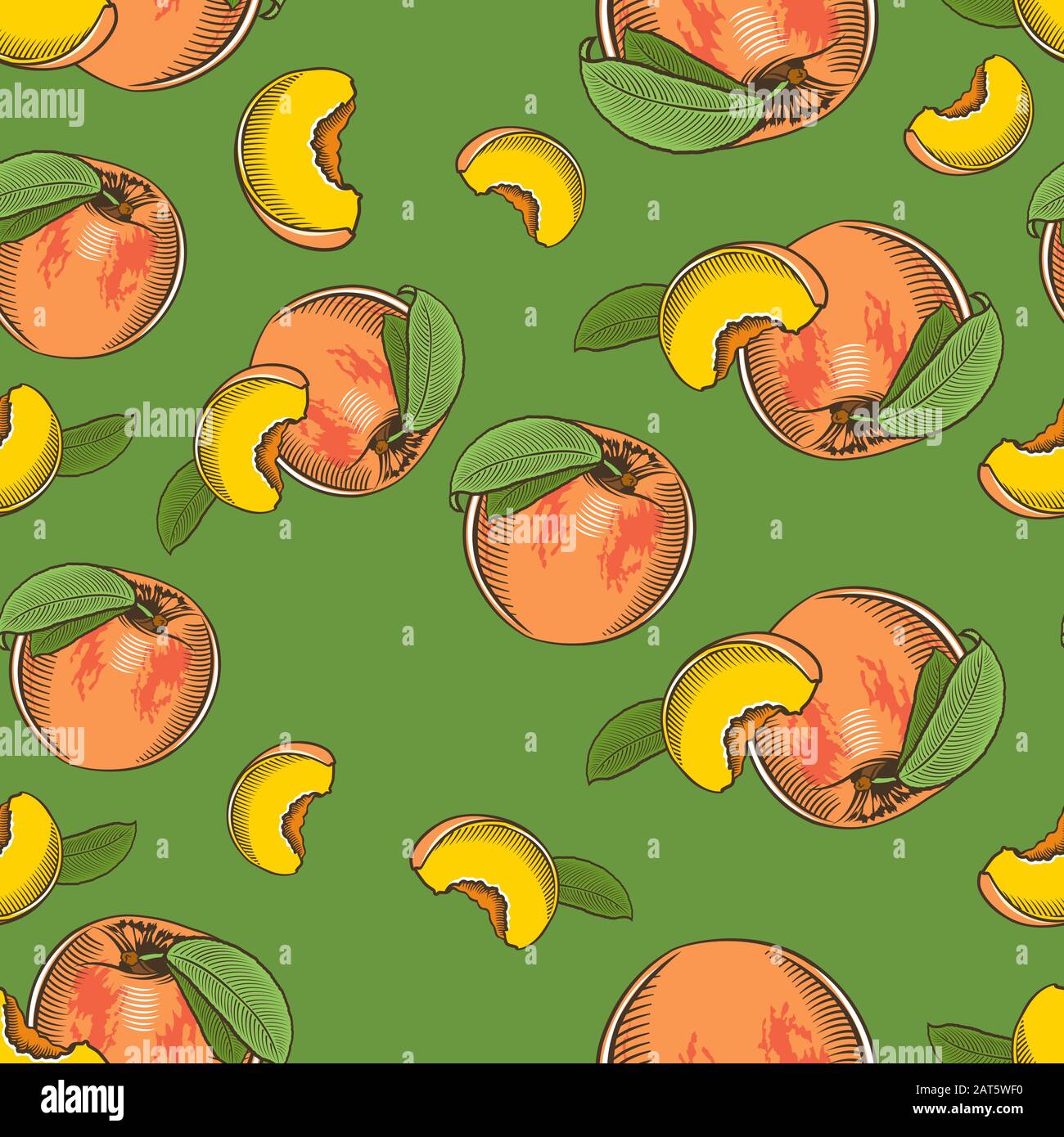 Colored seamless pattern with peaches and slices in vintage style Stock ...