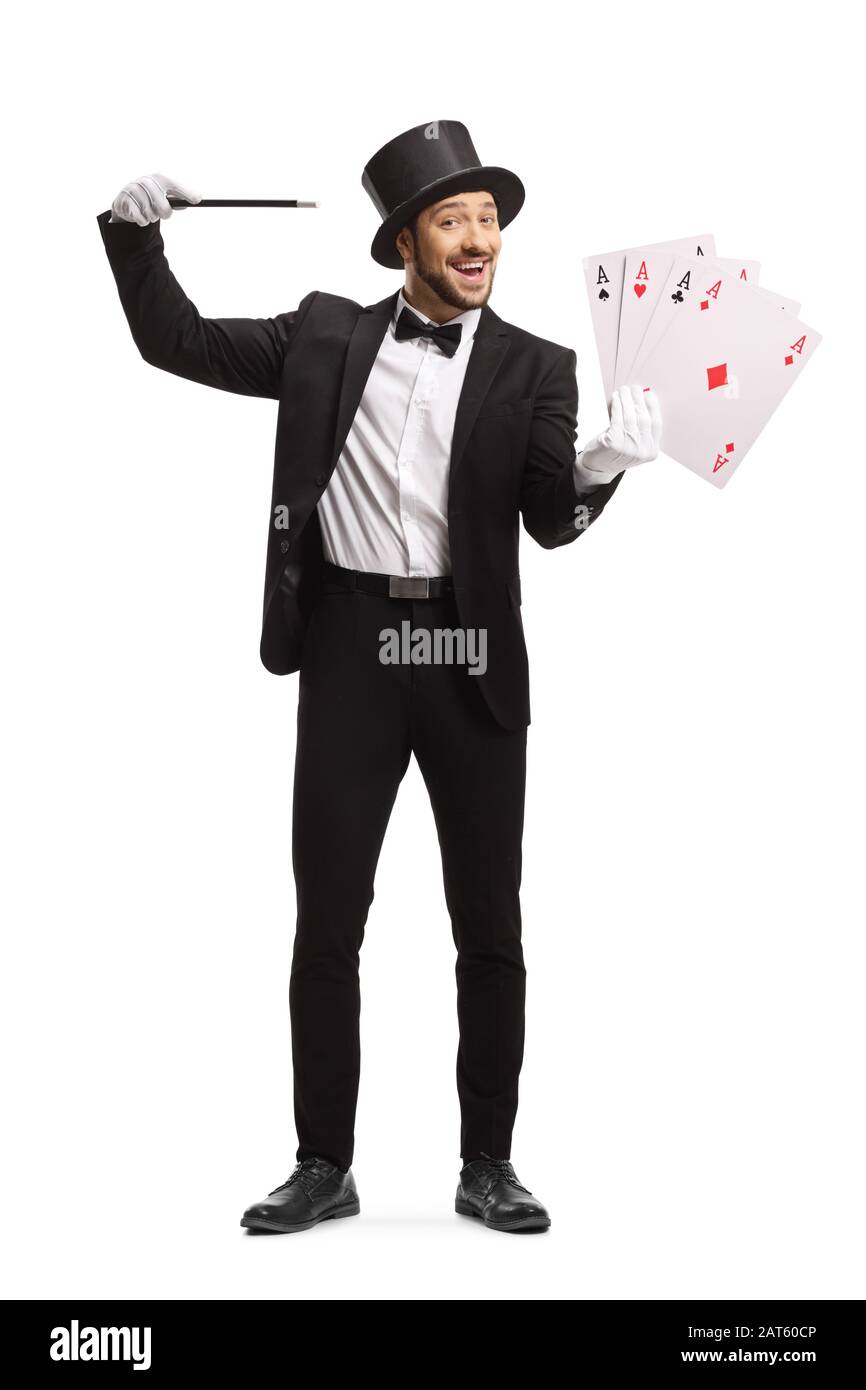 Full length portrait of a magician with a magic wand and 4 card aces ...