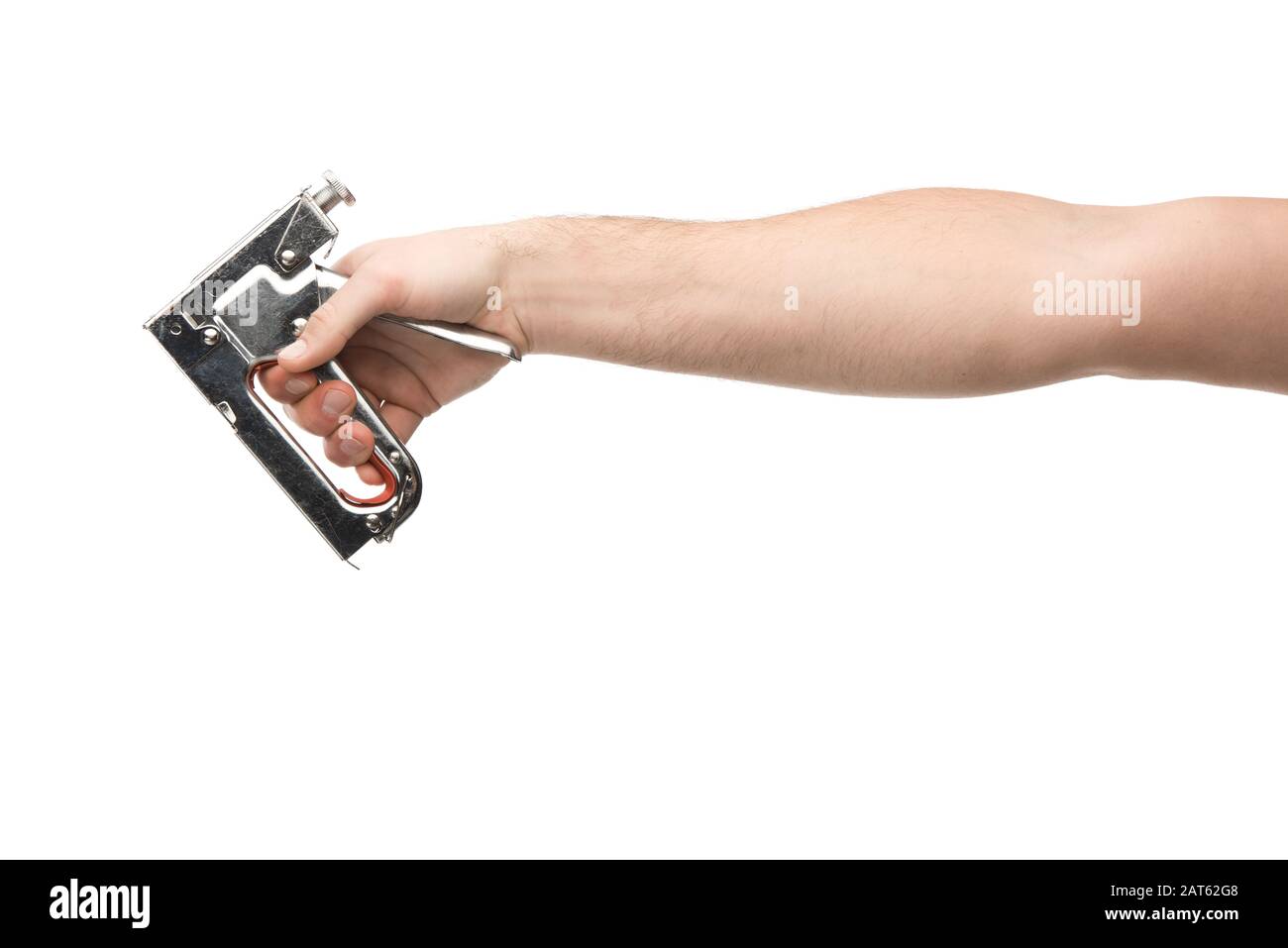 cropped view of man holding construction stapler isolated on white ...