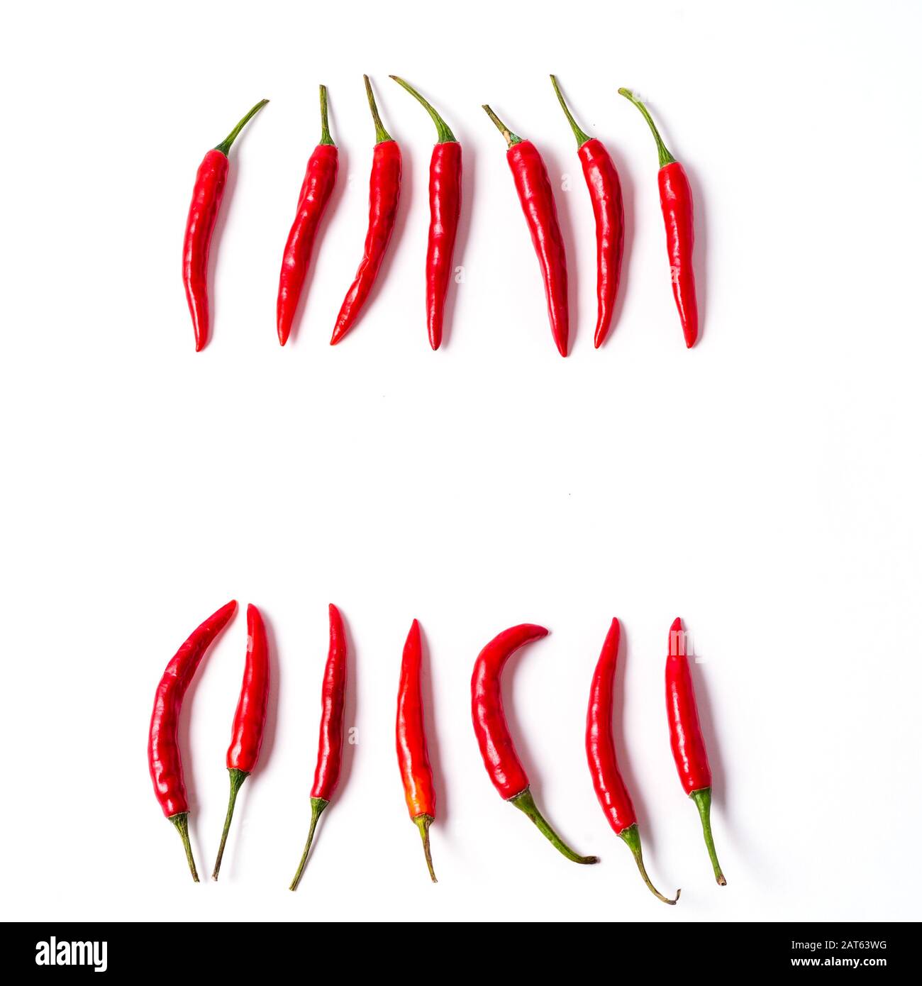 Flat lay red fresh hot chili peppers pattern isolated on white ...