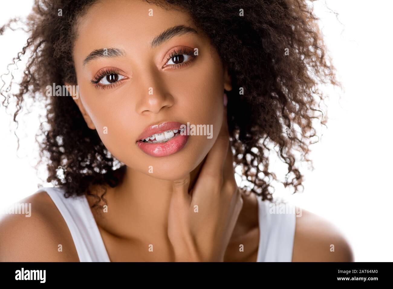 attractive african american girl with dental braces, isolated on white ...