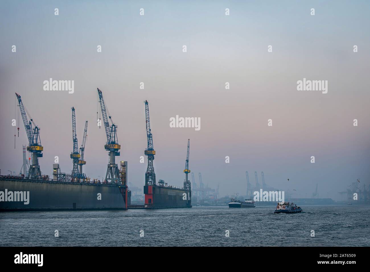 Cranes at the ship docks in the port of Hamburg - Germany Stock Photo ...