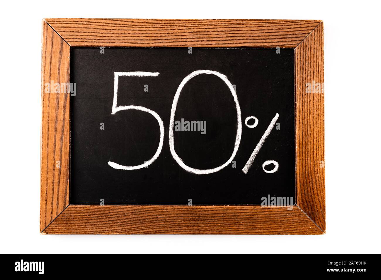 top view of number 50 and percent sign written on chalkboard isolated ...