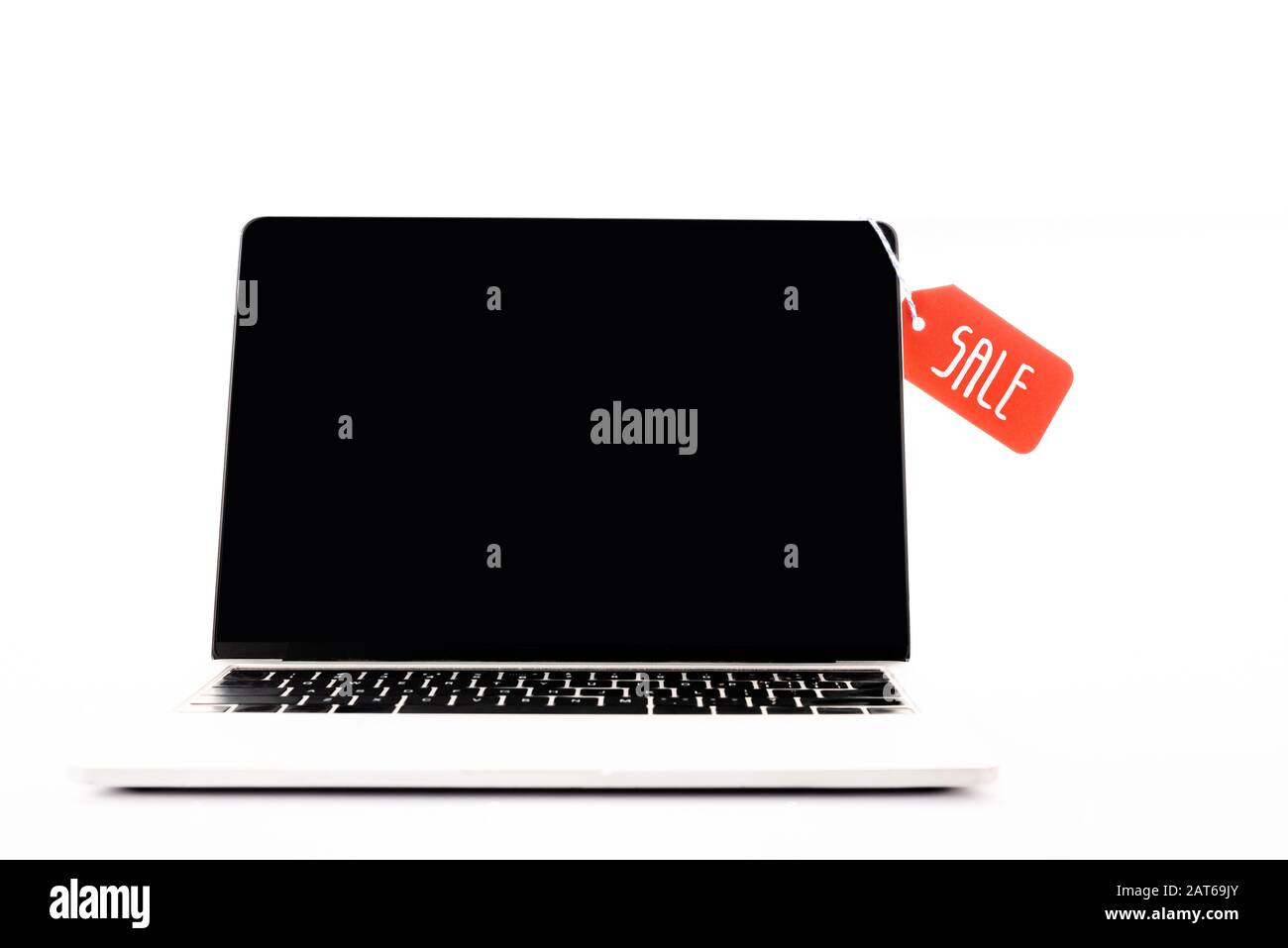 laptop with blank screen with red price tag with sale lettering ...