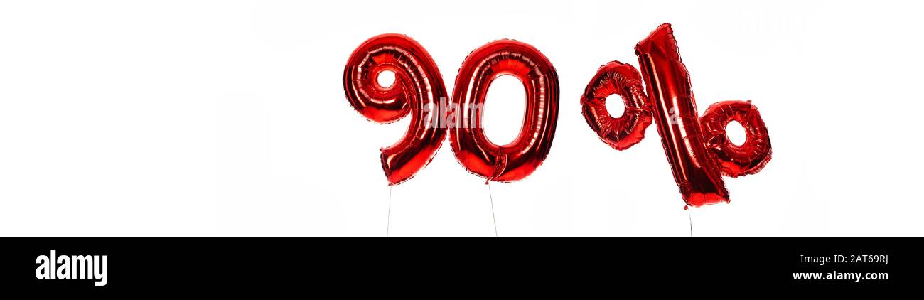 number 90 and percent sign red balloons isolated on white, panoramic ...