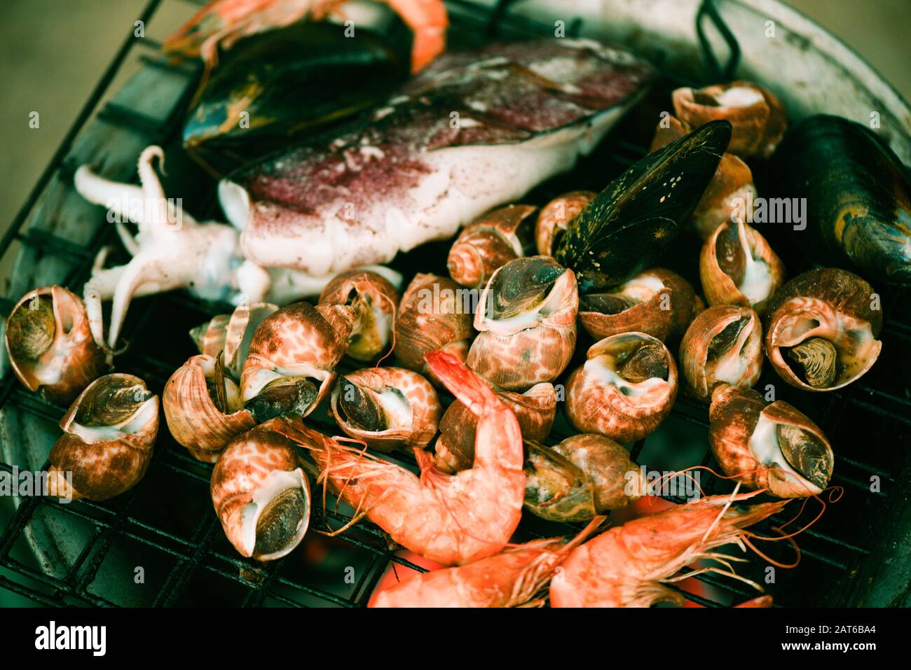shellfish grilled seafood on stove / crab prawns shrimps squid mussels ...