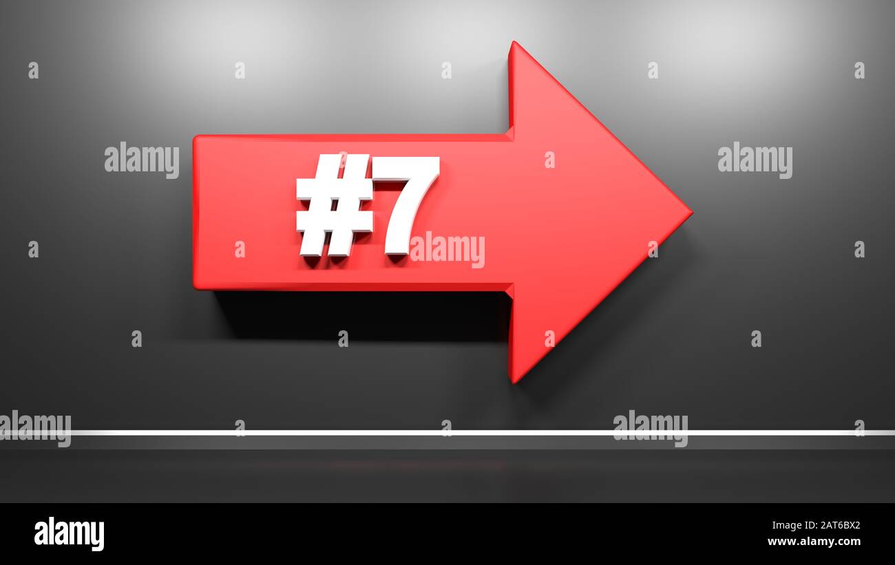 Number Seven red arrow at black background - 3D rendering illustration ...