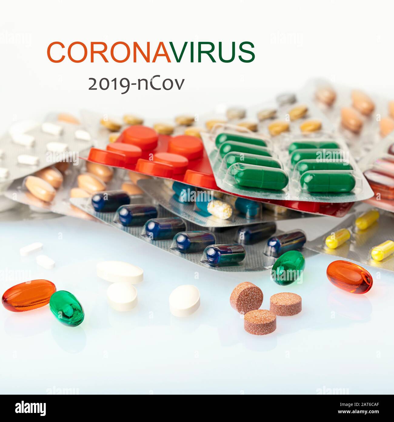 Coronavirus treatment concept. Assorted pharmaceutical medicine pills ...