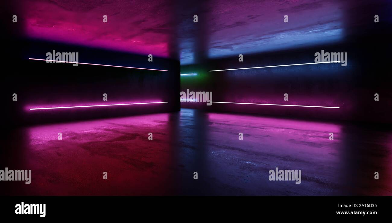 dark underground industrial grunge basement room with violet neon light ...