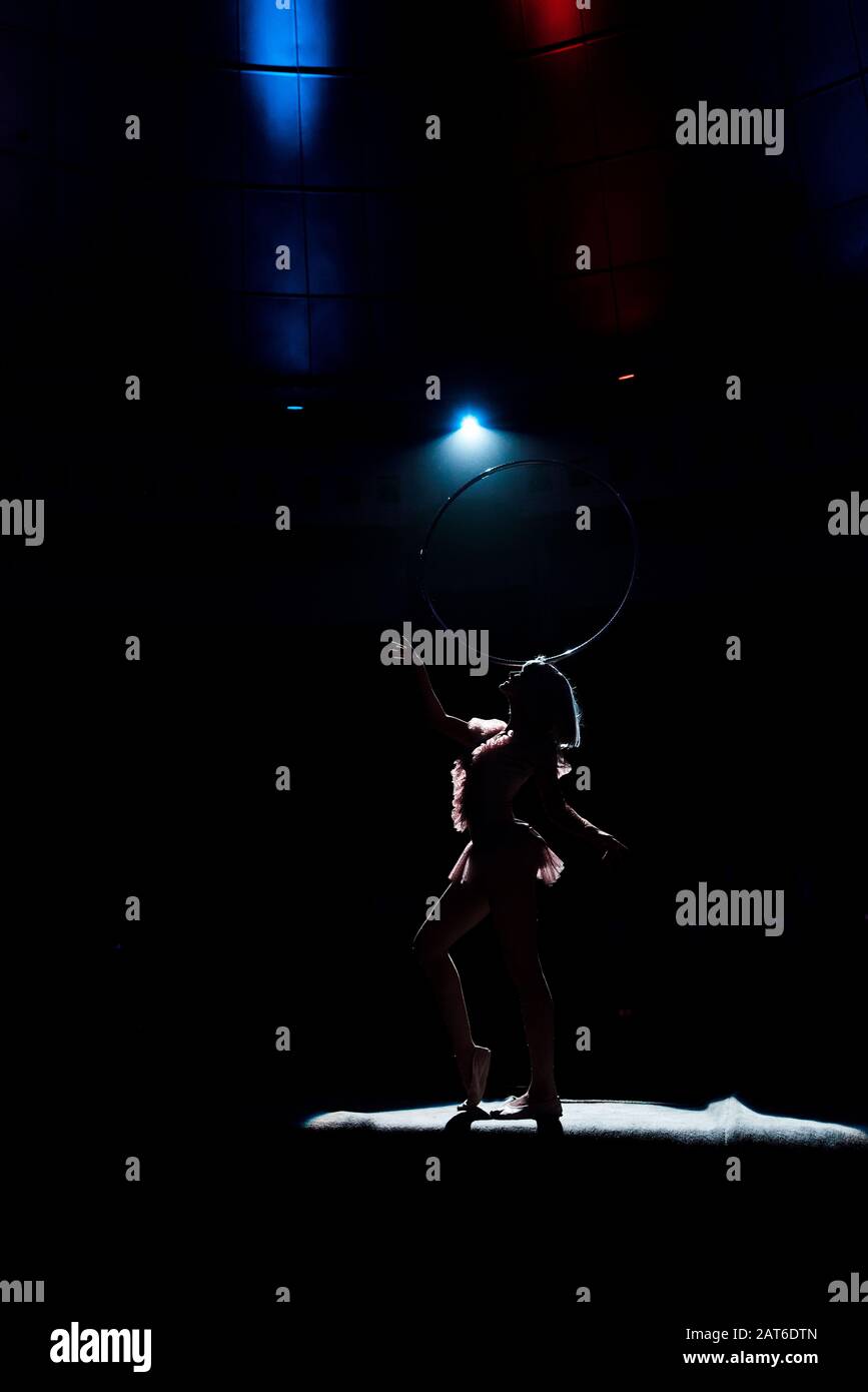 silhouette of aerial acrobat standing on rope with hula hoop Stock ...