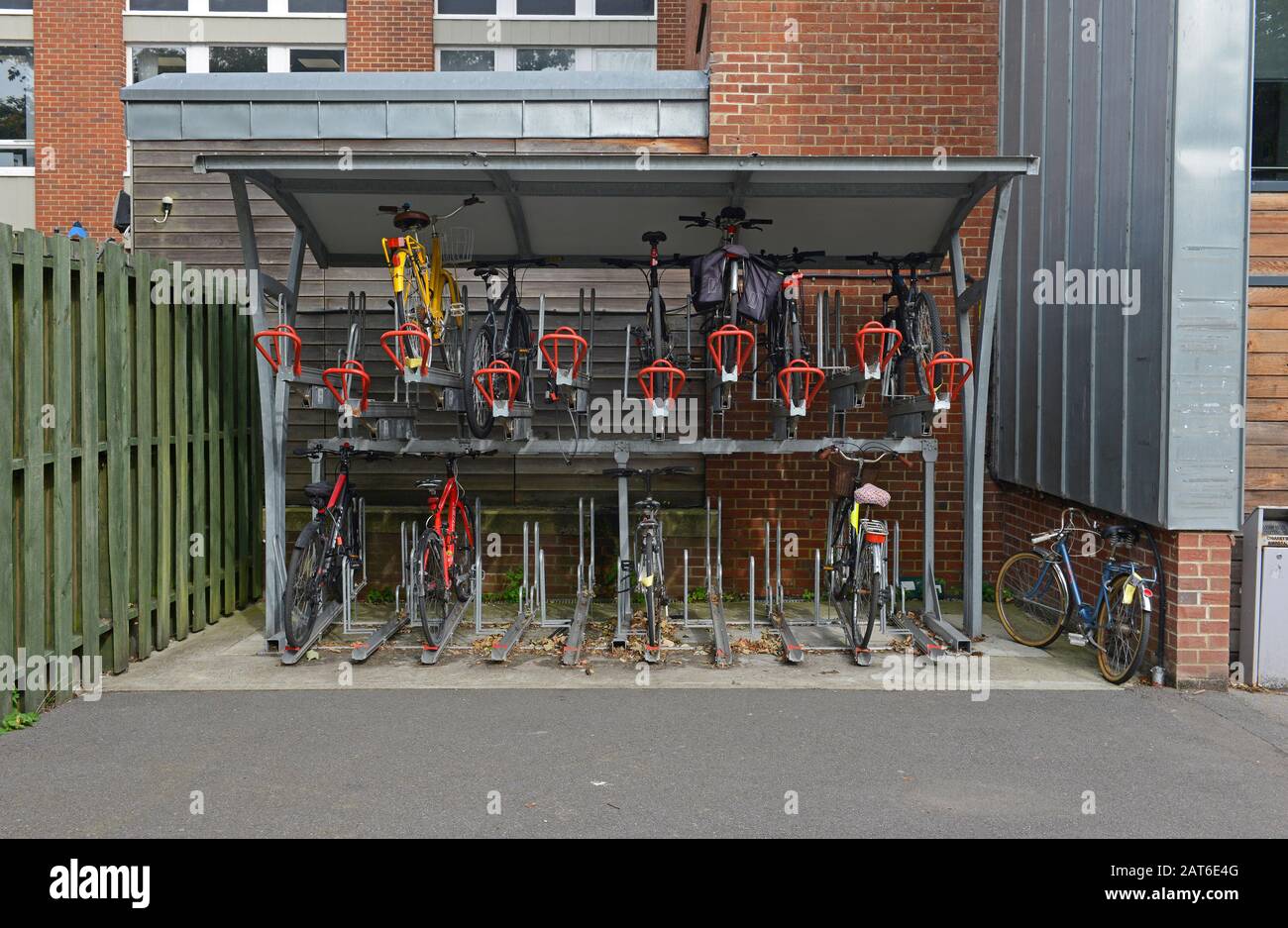 Double storey metal bicycle parking station at the University of Sussex ...