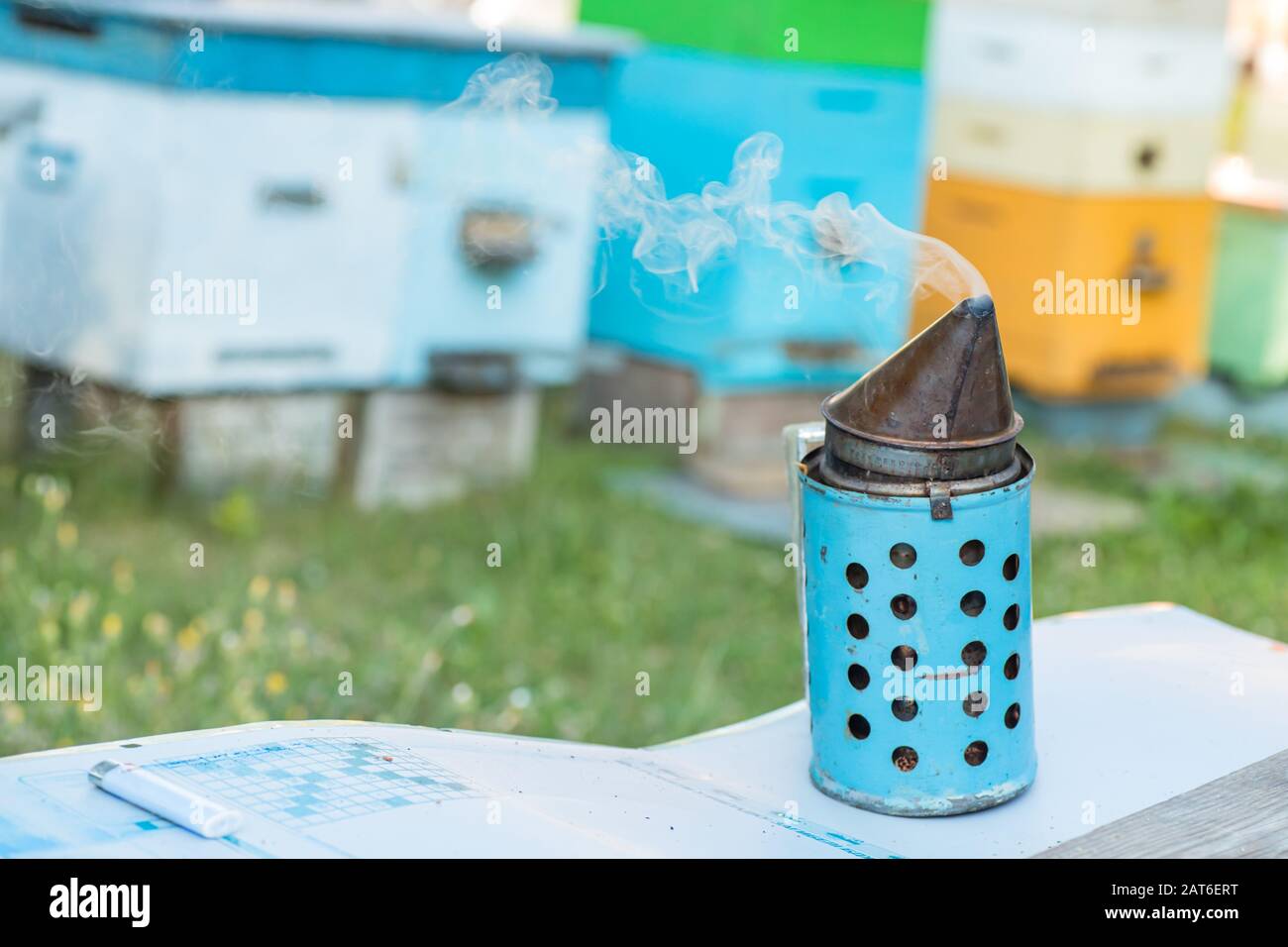 bee smoker against backdrop of apiary with colorful beehives. Smoke ...