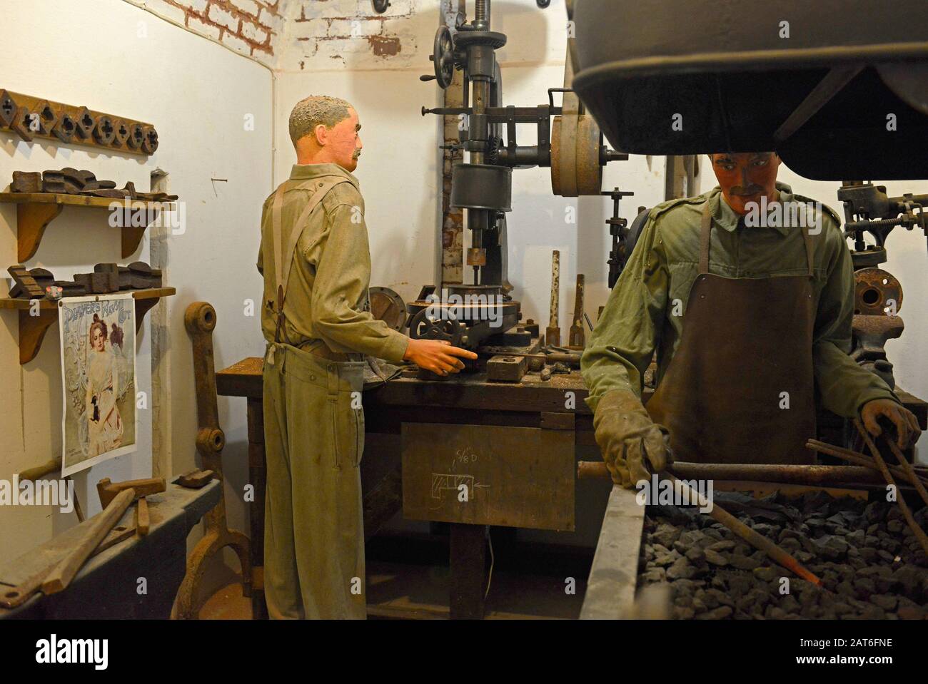 Diorama scene of the forge at Nothe Fort museum in Weymouth, Dorset, UK ...