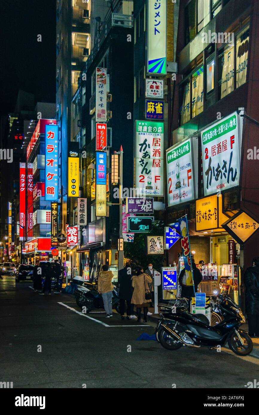 TOKYO, JAPAN, JANUARY - 2019 - Night urban scene at shinjuku district ...