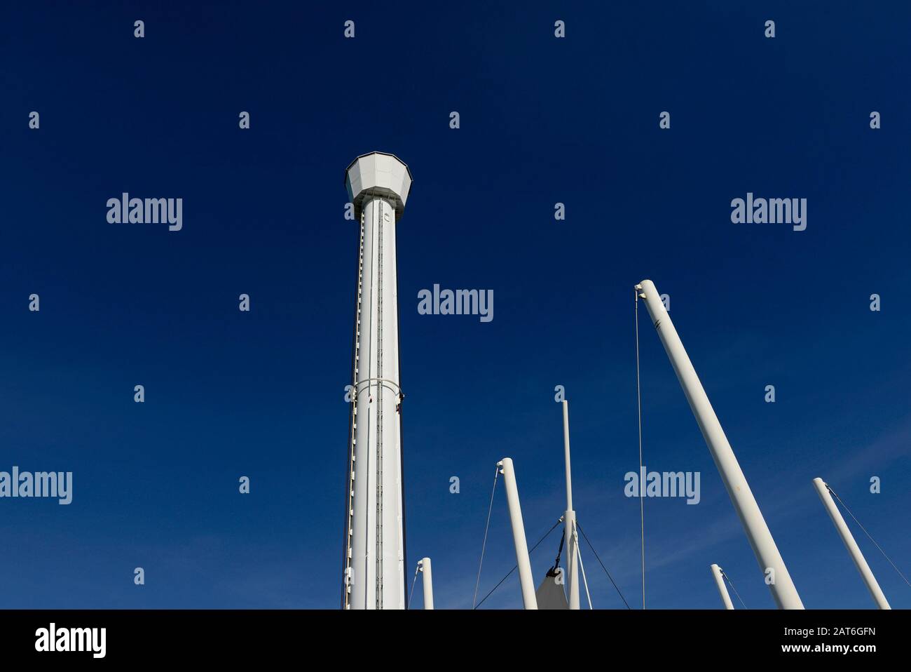 View of boat masts at Weymouth harbour with the Jurassic Skyline ...