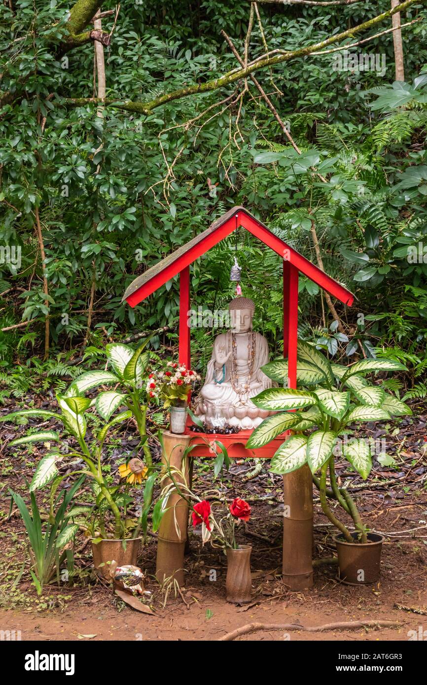 Kaneohe, Oahu, Hawaii, USA. - January 11, 2020: Small red shrine for ...