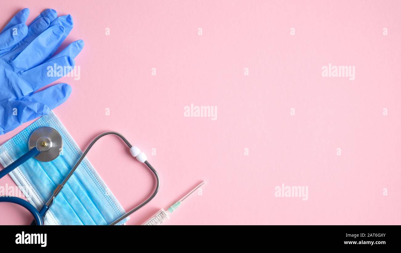 Medical equipment and tools on pink background. Top view stethoscope ...