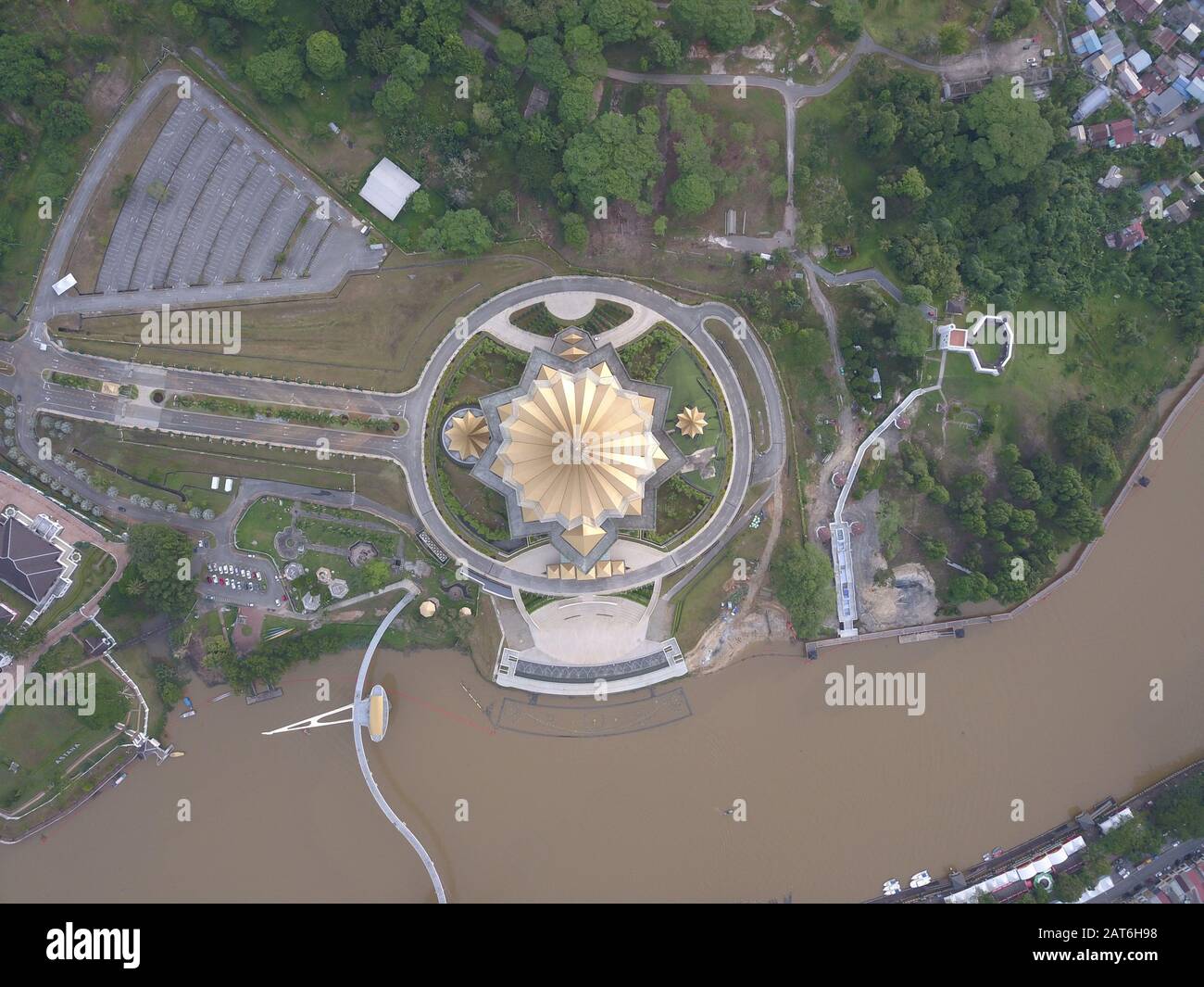 Aerial view of the Kuching city area, with the rivers, bridges, hills ...