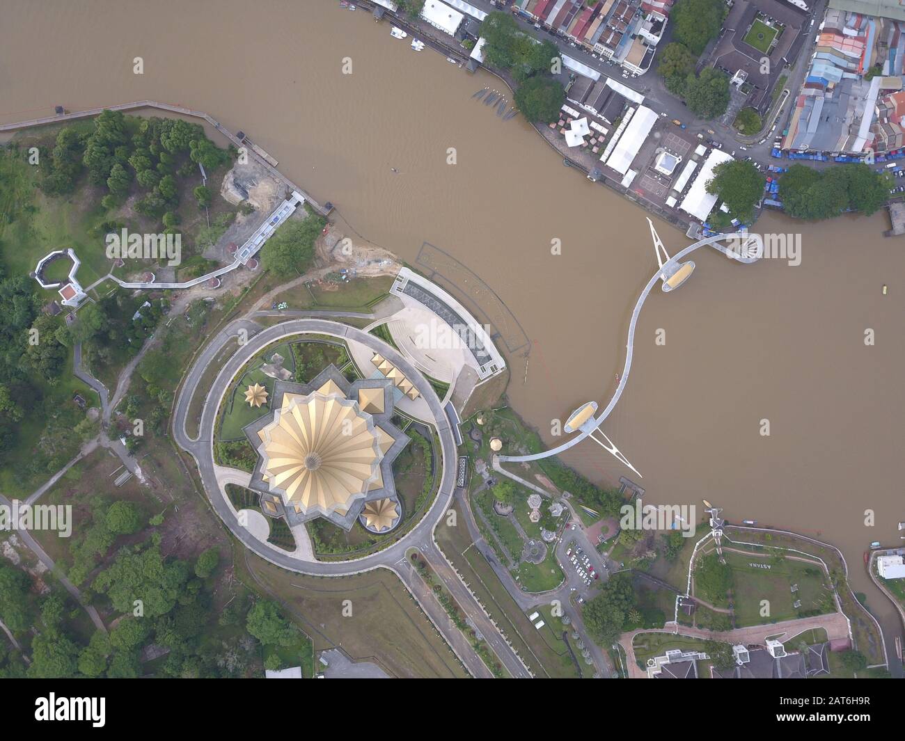 Aerial view of the Kuching city area, with the rivers, bridges, hills ...